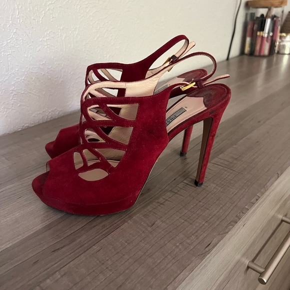 Prada | Shoes | Prada Burgundy Red Suede Caged Sling Back Platform Peep ...